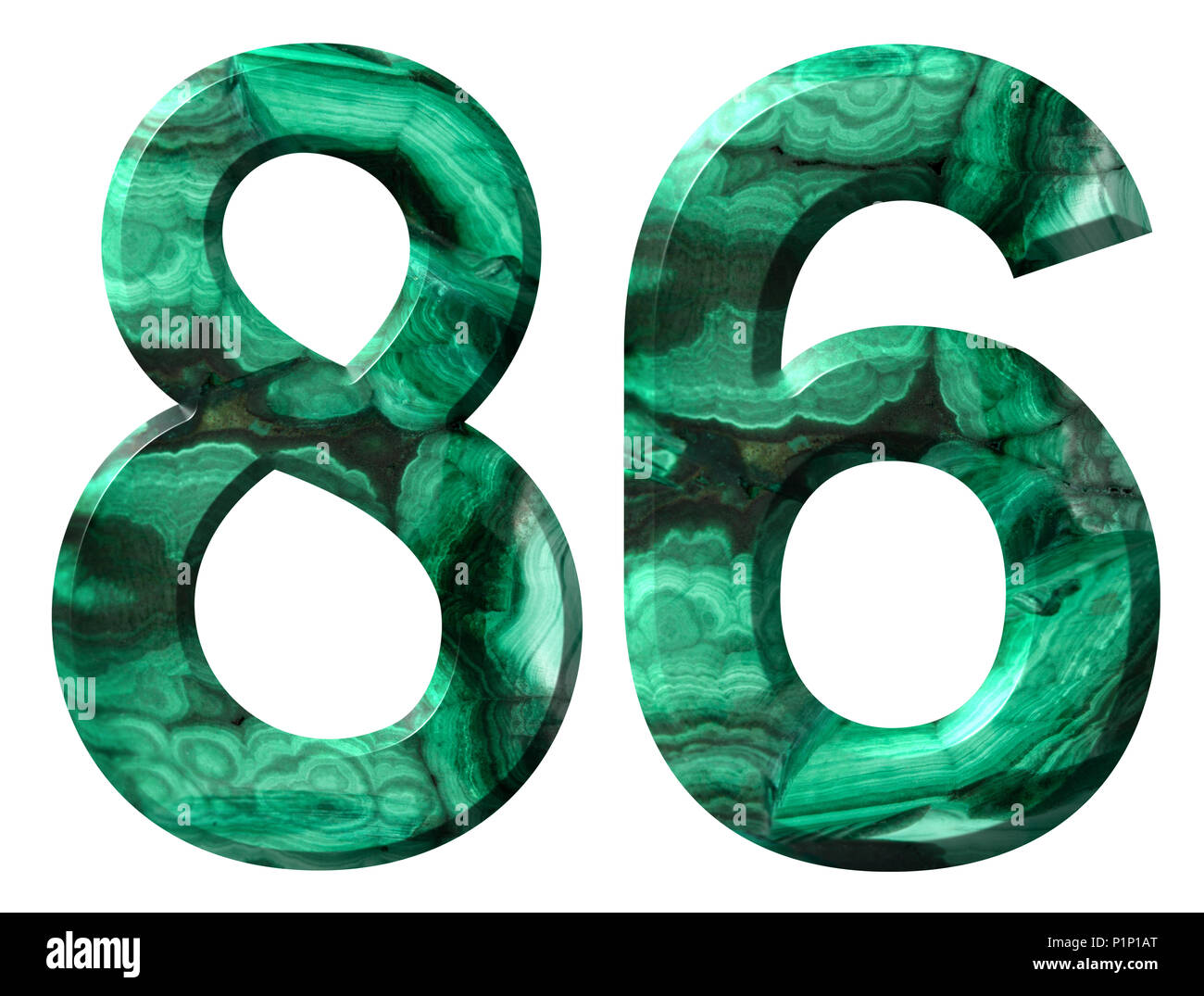 Arabic numeral 86, eighty six, from natural green malachite, isolated ...