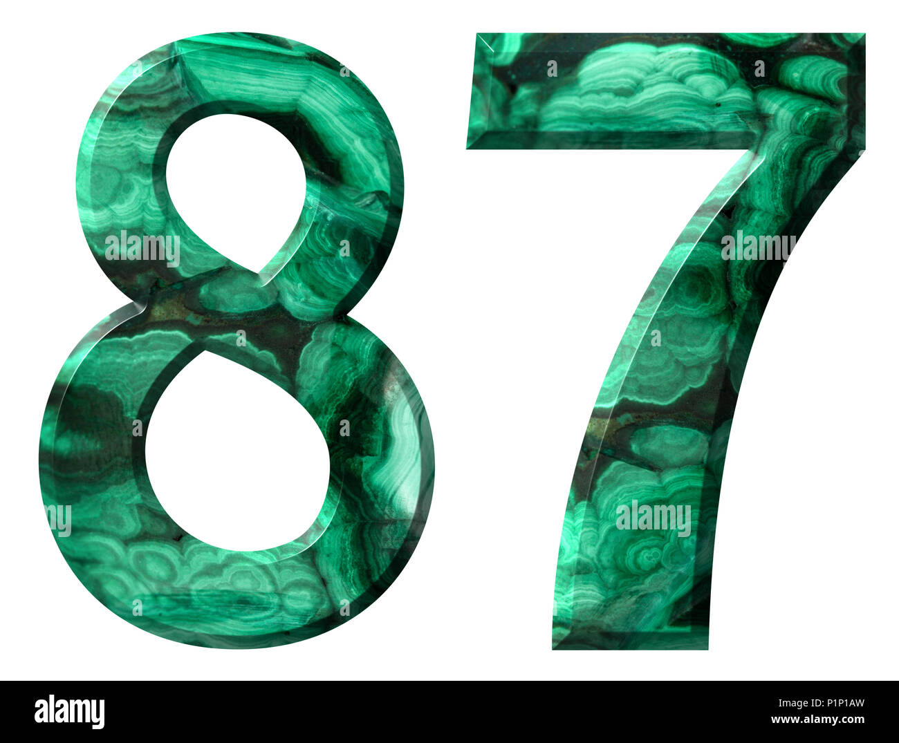 Arabic numeral 87, eighty seven, from natural green malachite, isolated ...