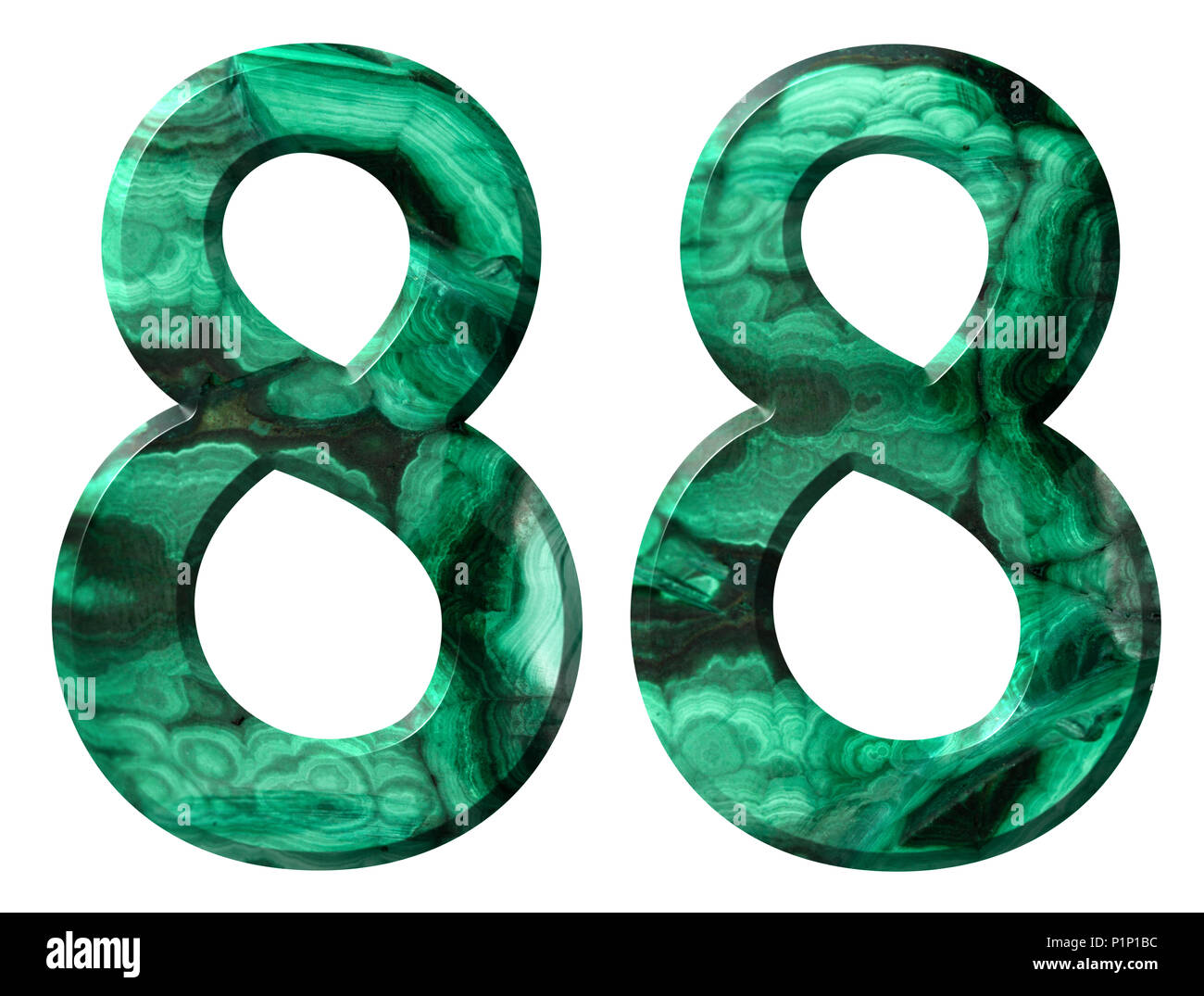 Arabic numeral 88, eighty eight, from natural green malachite, isolated ...