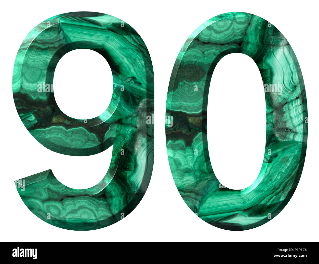 Arabic numeral 90, ninety, nine, from natural green malachite, isolated ...
