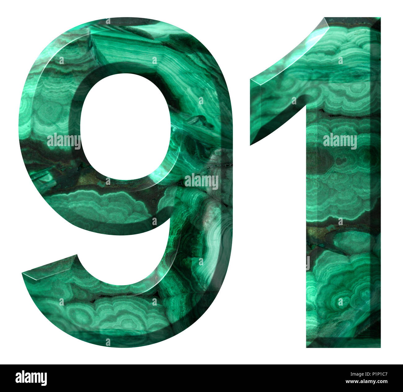 Arabic numeral 91, ninety one, from natural green malachite, isolated on white background Stock ...