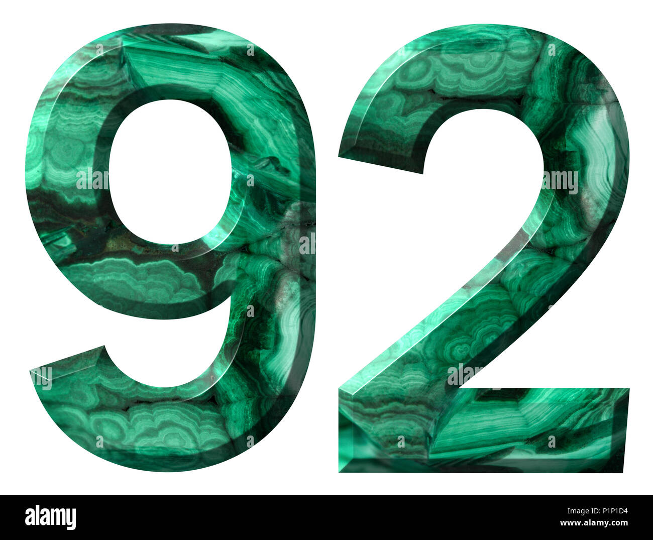 Arabic numeral 92, ninety two, from natural green malachite, isolated ...