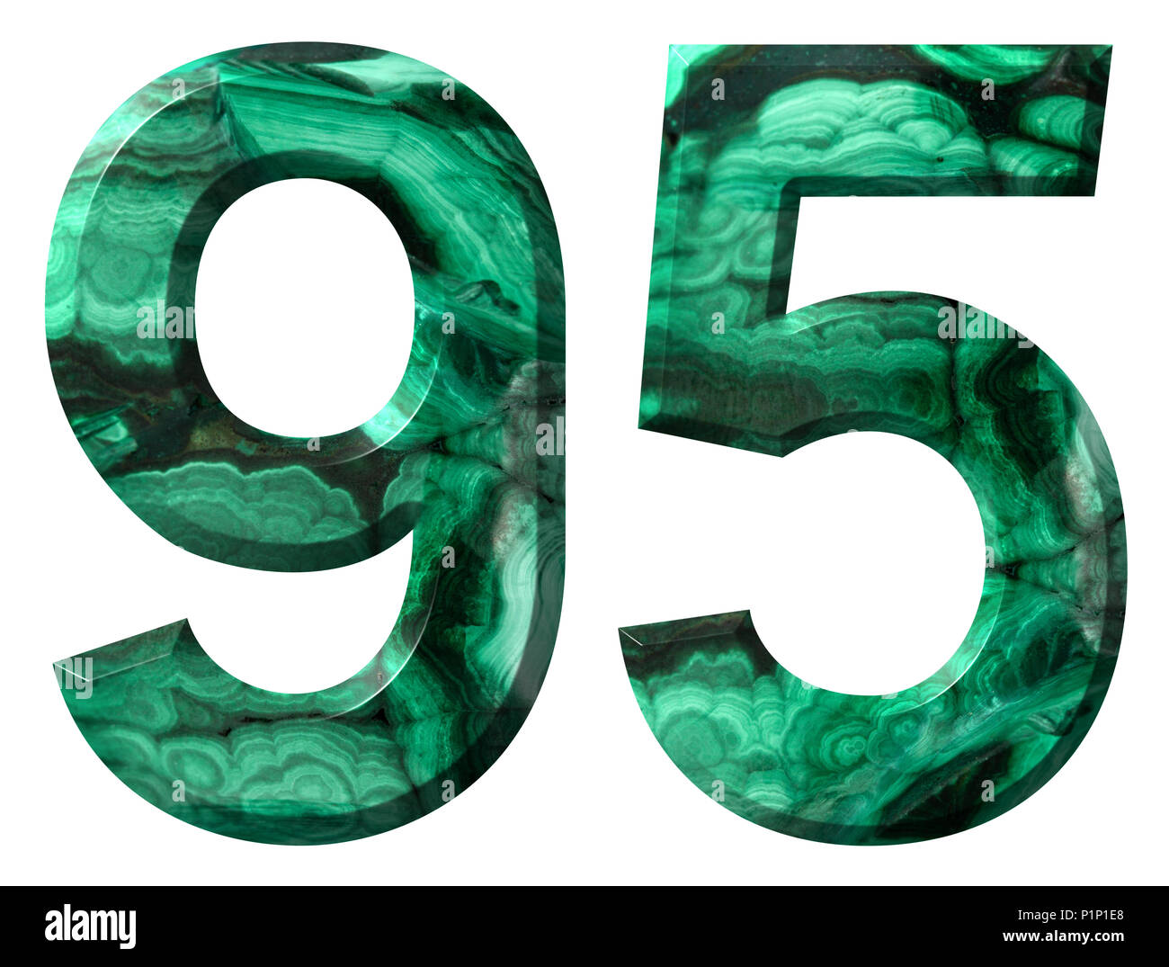 Arabic numeral 95, ninety five, from natural green malachite, isolated ...