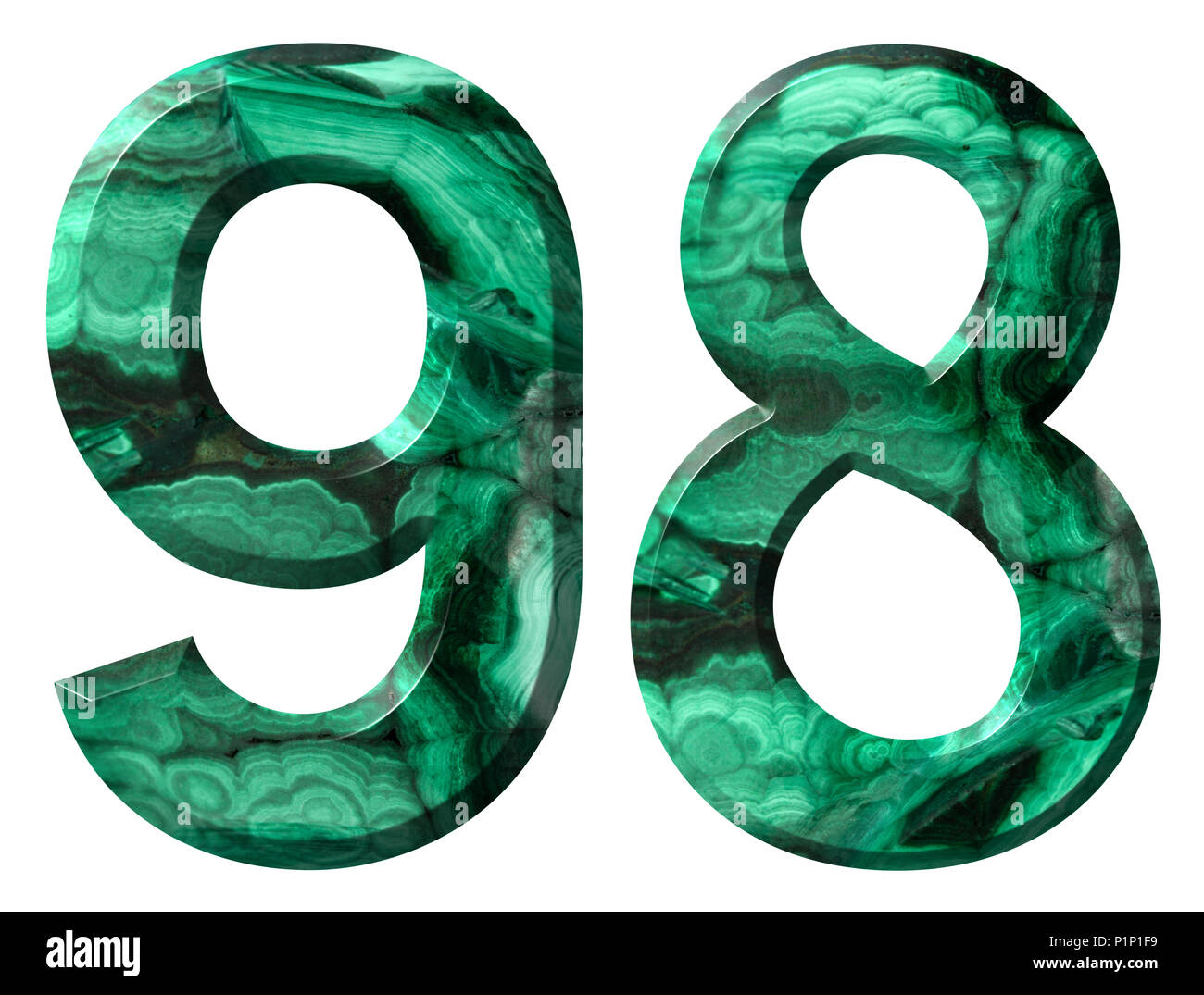 Arabic numeral 98, ninety eight, from natural green malachite, isolated ...