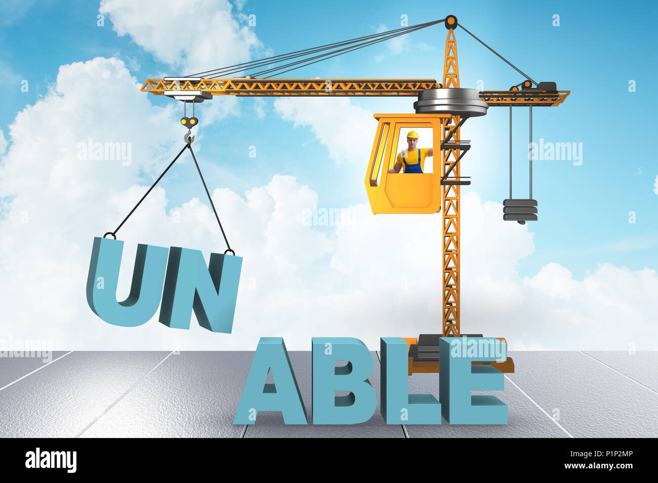 Unable turning into able concept with crane and words Stock Photo - Alamy
