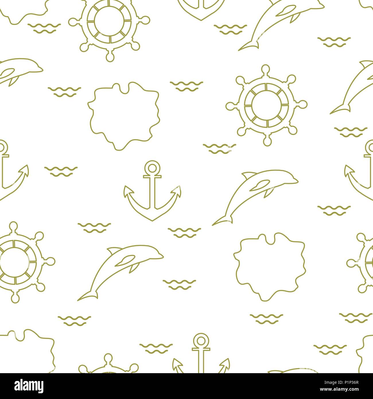 Seamless pattern with dolphins, anchors, steering wheels, waves ...