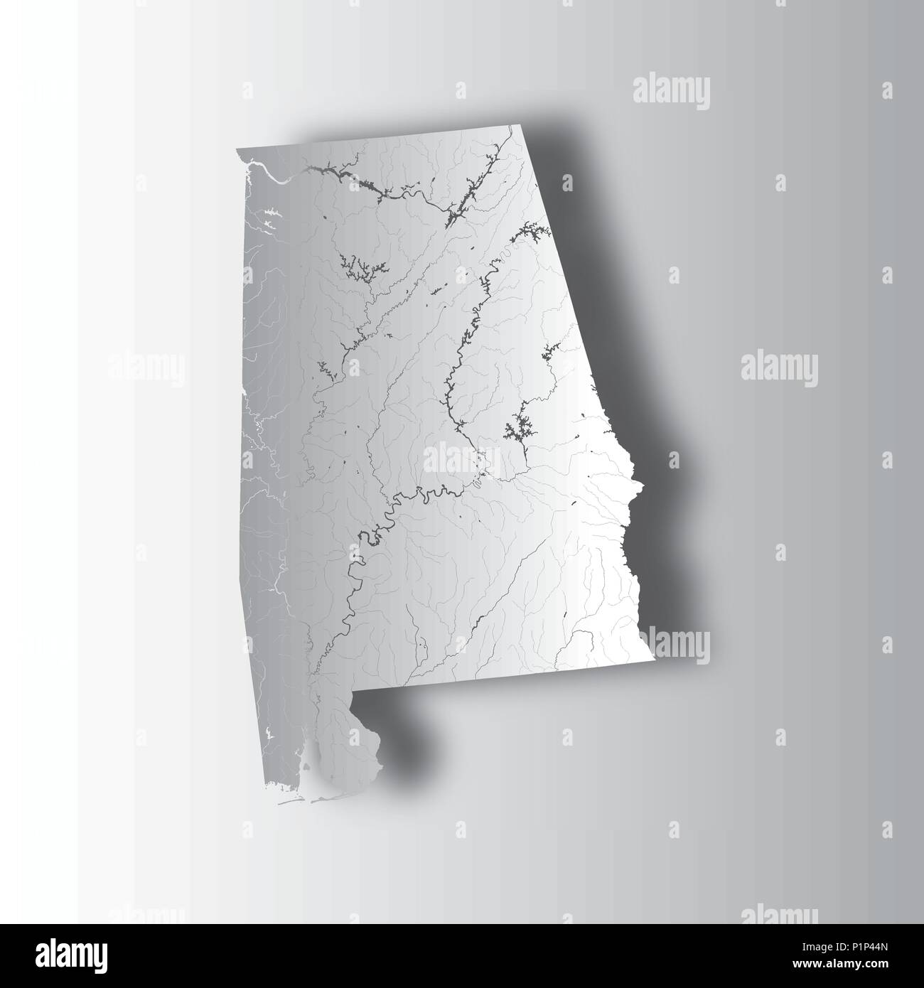 U.S. states - map of Alabama with paper cut effect. Hand made. Rivers ...