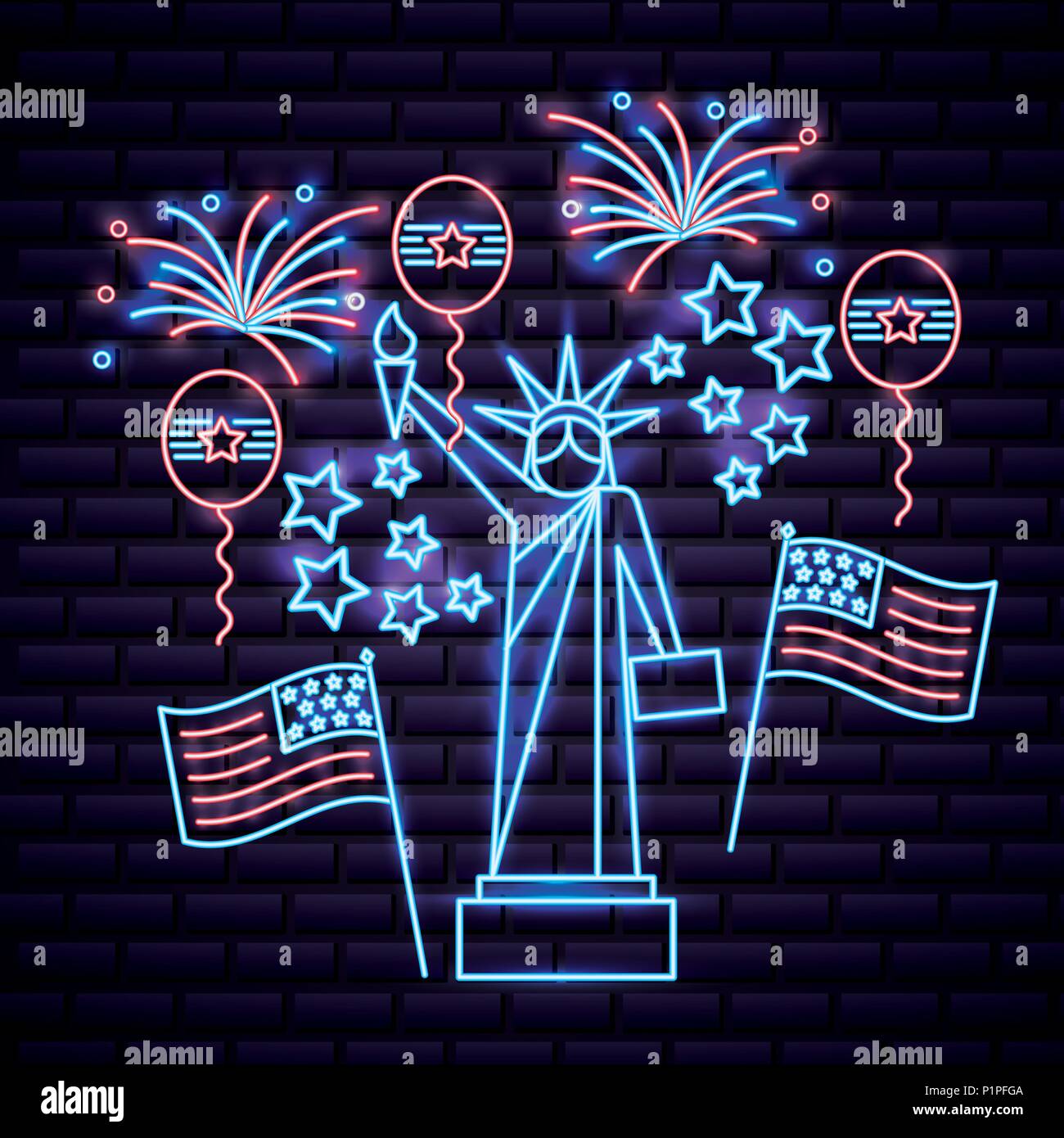 american independence day statue of liberty neon fireworks balloons ...