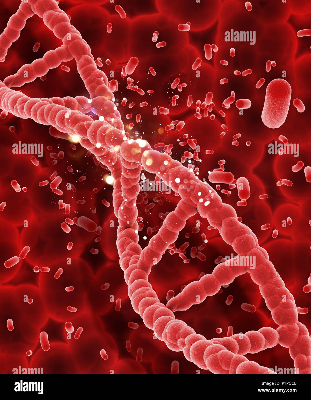 3D render of a DNA strand on abstract blood cell background Stock Photo ...