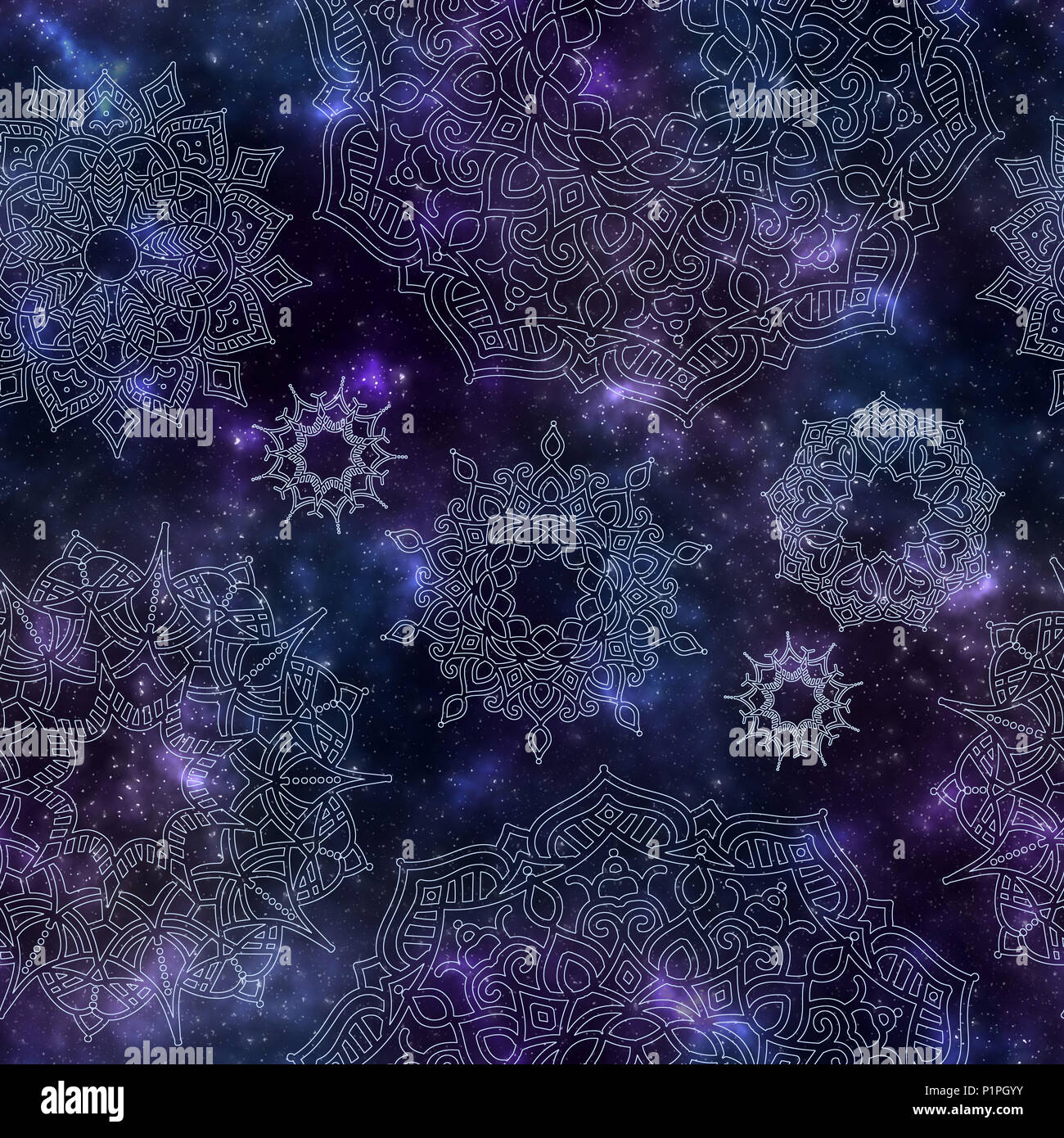 Seamless pattern of cosmic texture and white glowing mandala Stock ...