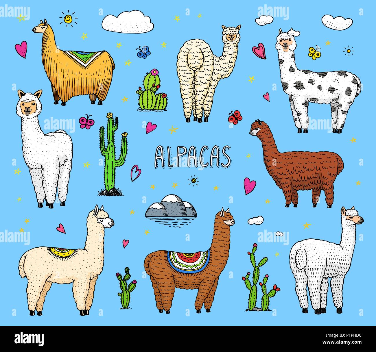 Set of cute Alpaca Llamas or wild guanaco on the background of Cactus ...