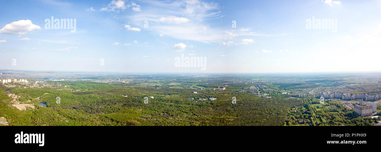 The panoramic bird's eye view shooting from drone to Holosiivskyi ...