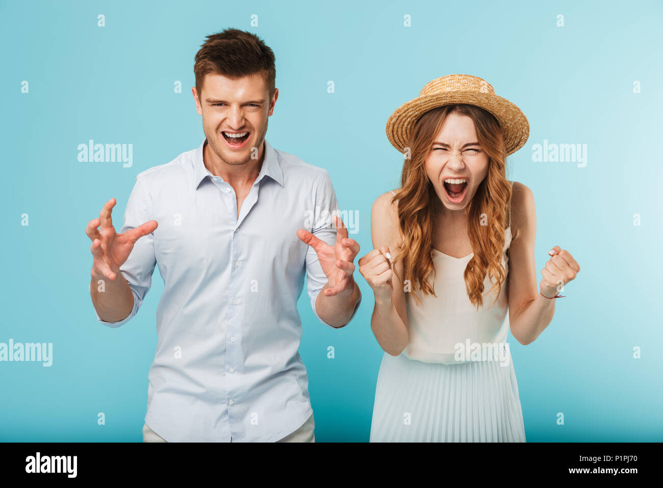 Image of young angry screaming caucasian loving couple friends isolated ...