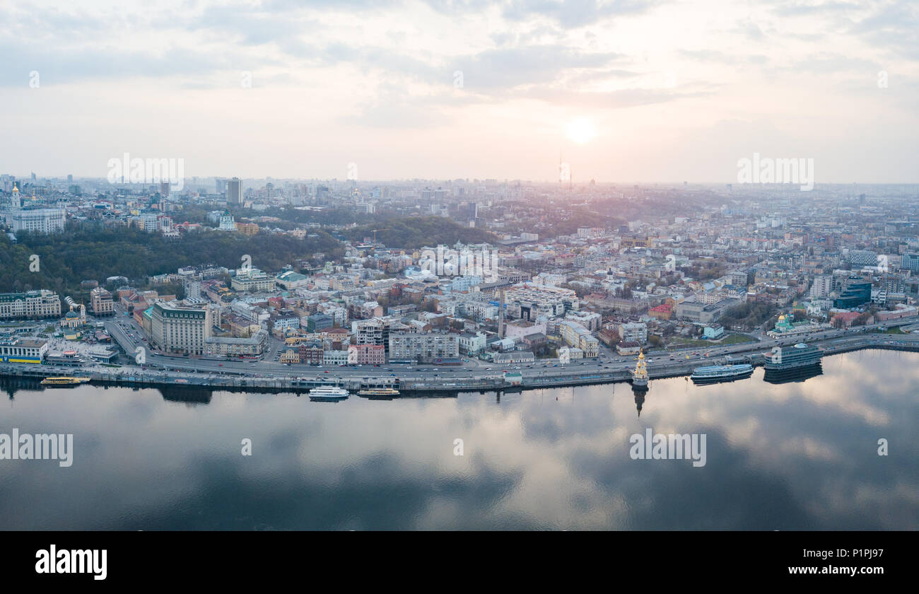 The panoramic bird's eye view shooting from drone of the Podol district ...