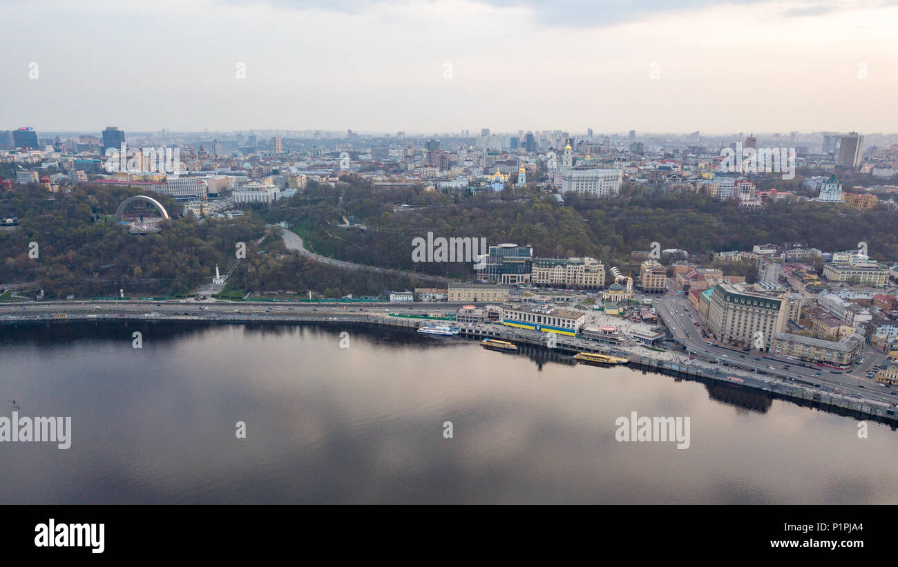 The panoramic bird's eye view shooting from drone of the Podol district ...