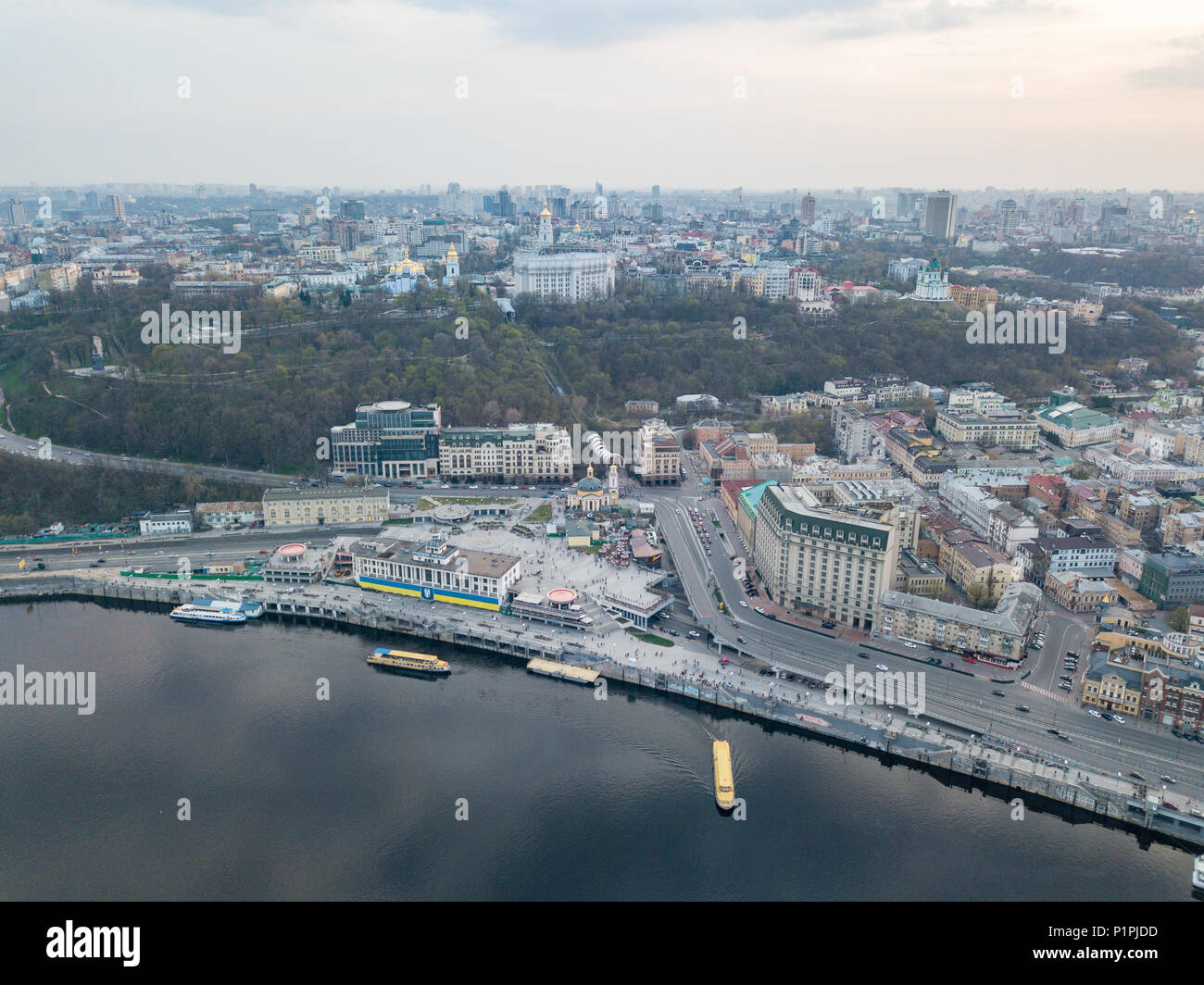 The panoramic bird's eye view shooting from drone of the Podol district ...