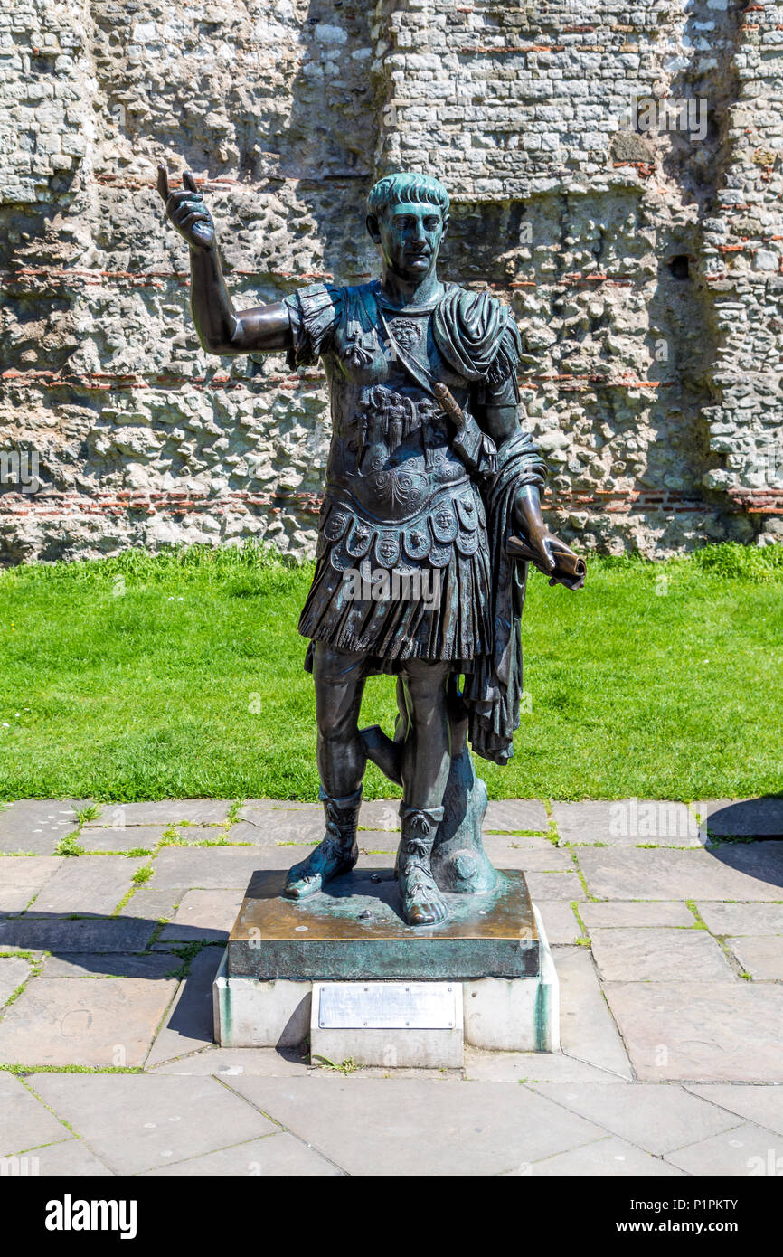Bronze statue of the roman emperor trajan and london wall hi-res stock ...