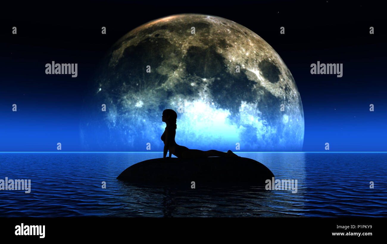 3D render of a female in a yoga pose in front of the moon Stock Photo ...