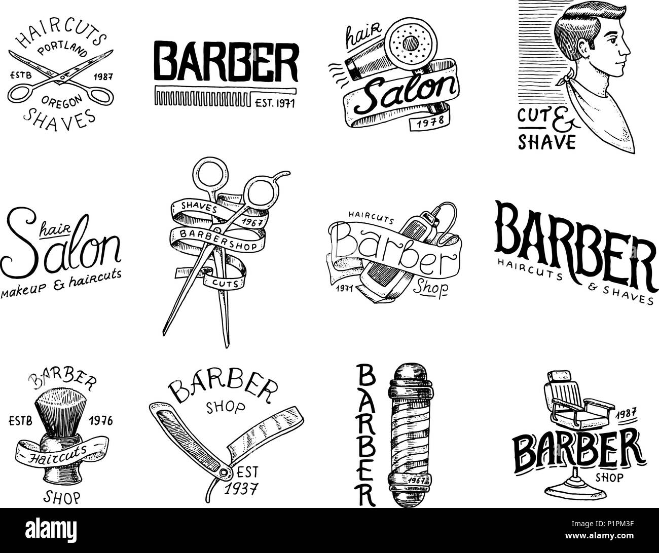 Set of barbershop badge and label, logo and hipster emblems. Tools for ...