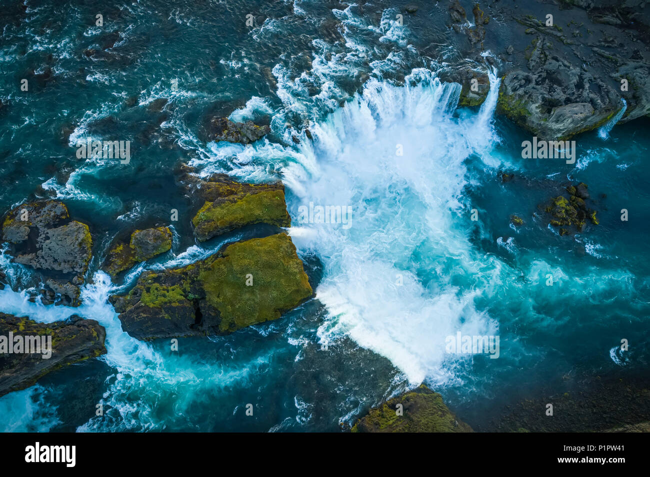 Aerial view of Godafoss, also known as 'Waterfalls of the gods ...