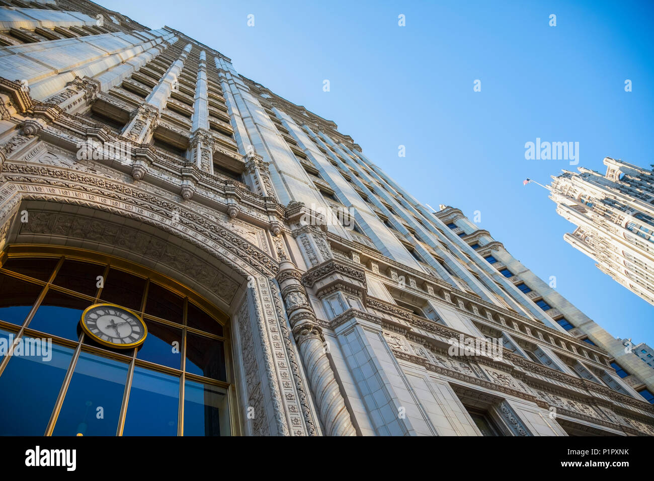 Low angle view of architecture in downtown Chicago; Chicago, Illinois ...