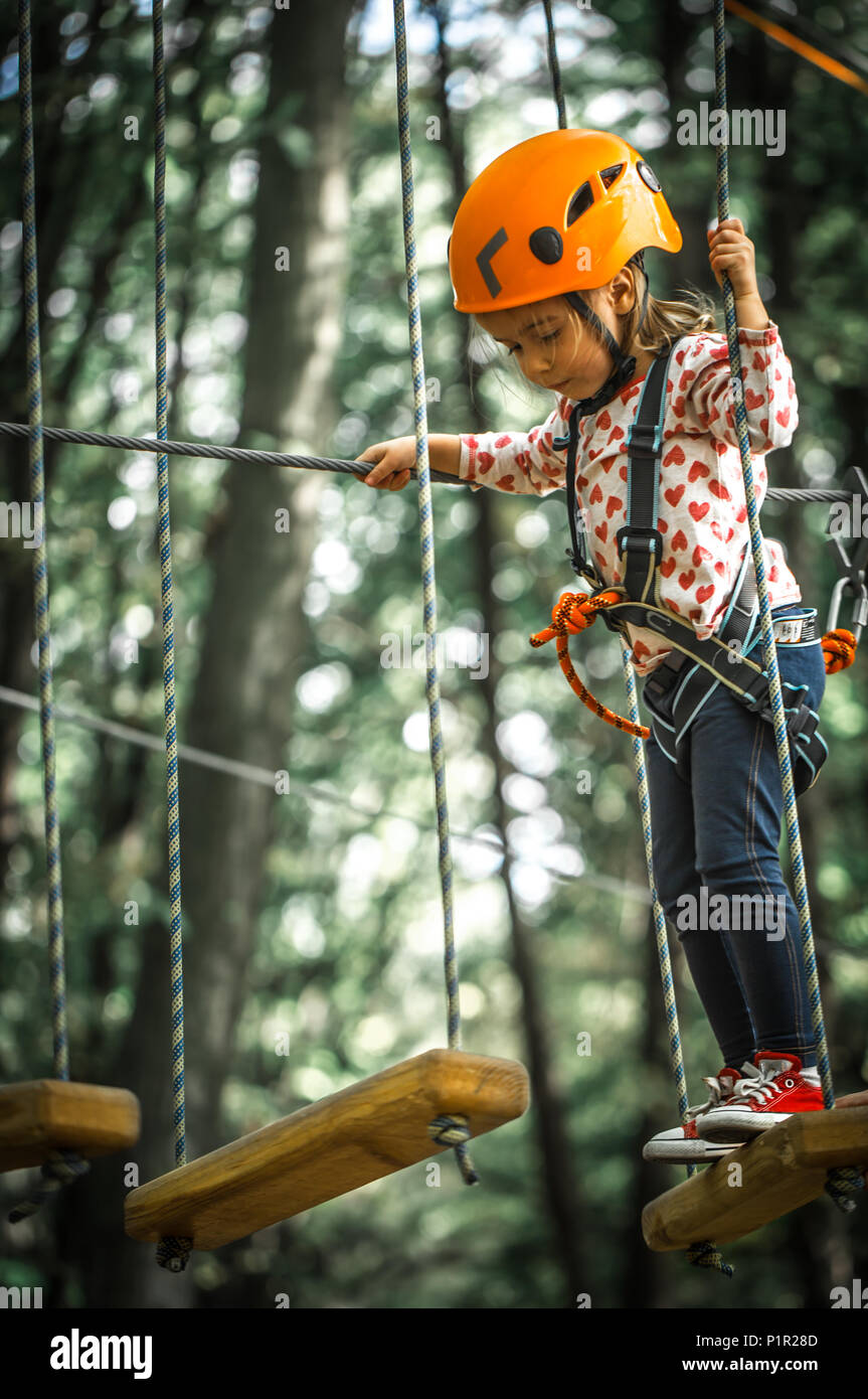 sports happy kid climbs through the ropes, the beautiful girl in the ...