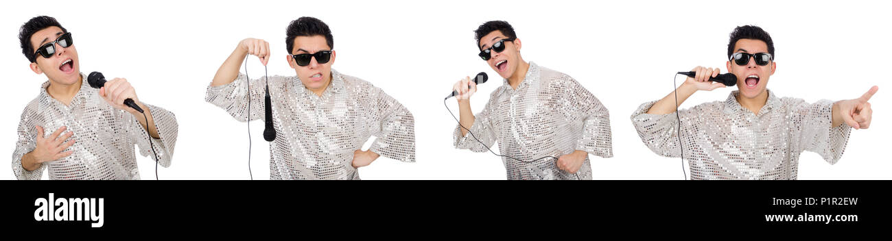 Man with mic isolated on white Stock Photo - Alamy