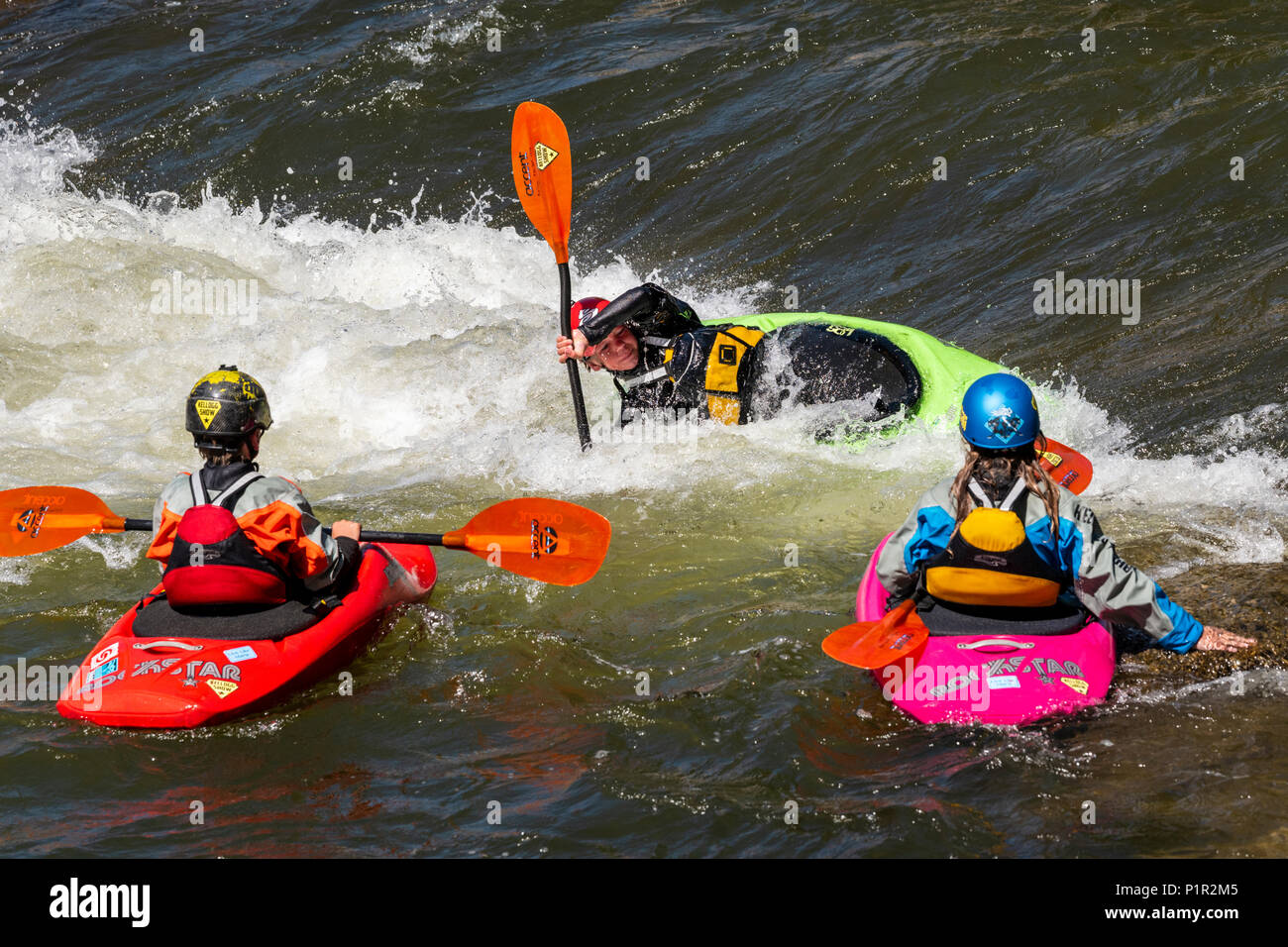 Young whitewater kayakers, Arkansas River, Salida, Colorado, USA Stock ...