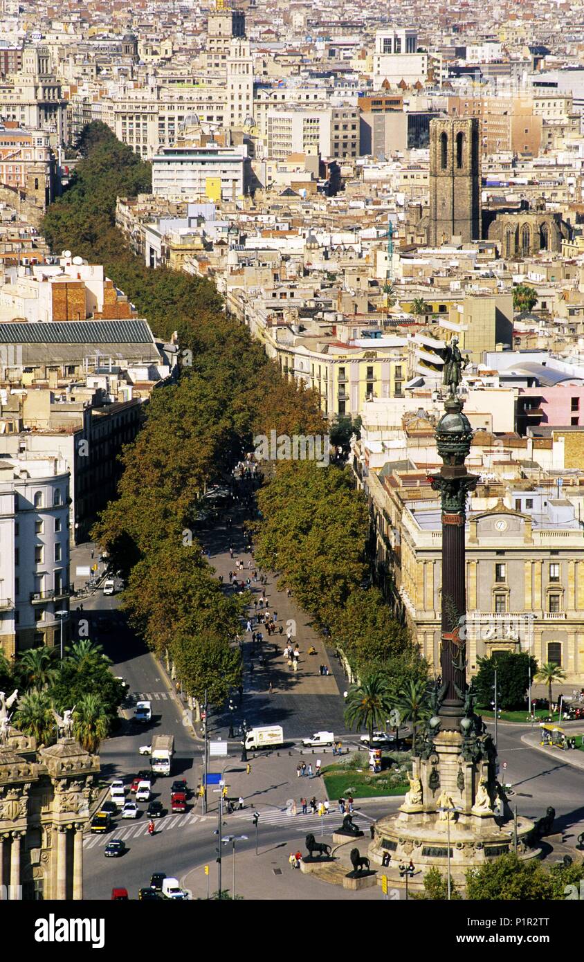 Aerial view of Colon / Columbus tower and Ramblas (old quarter Stock ...