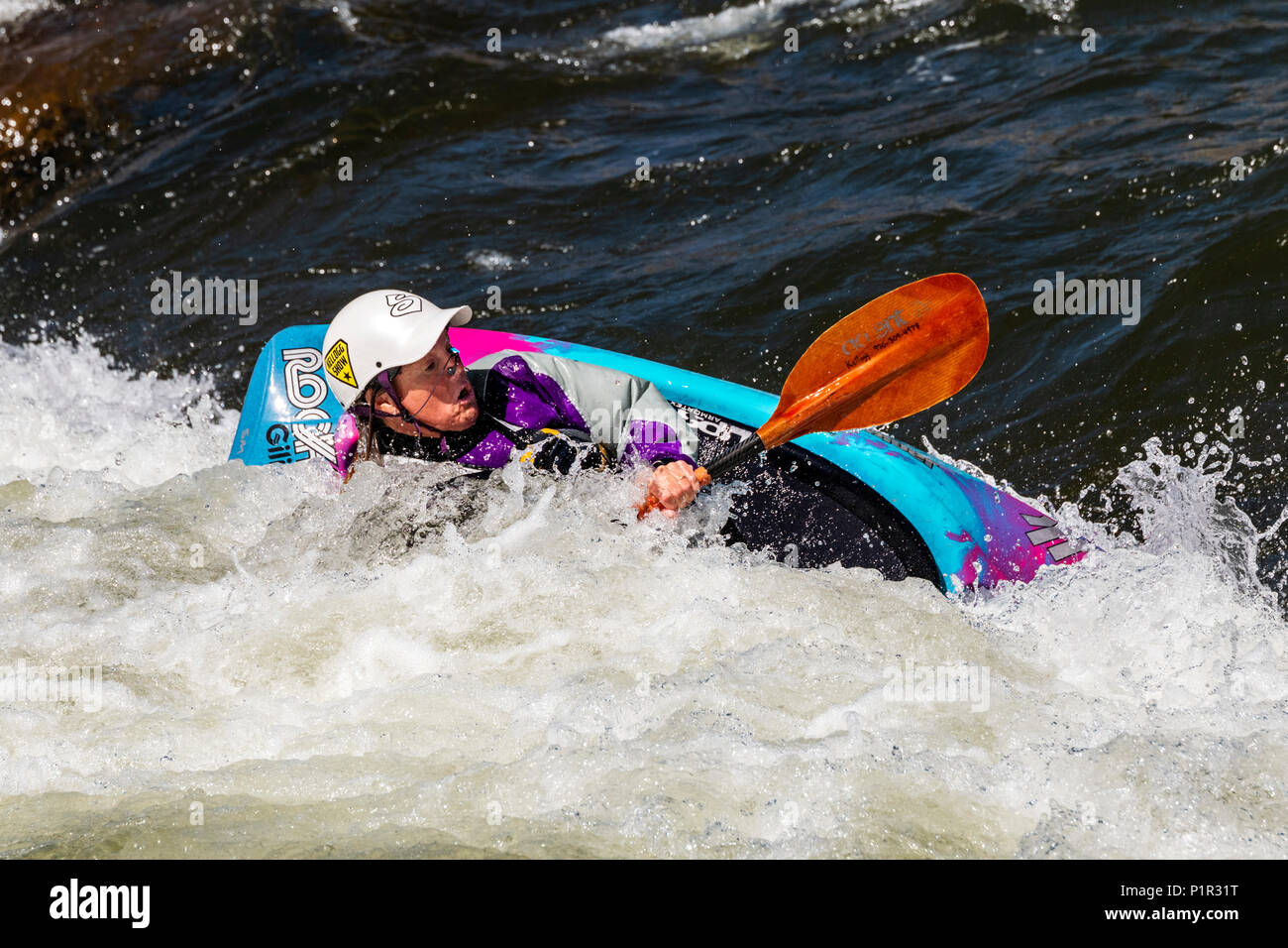 Female whitewater kayaker, Arkansas River, Salida, Colorado, USA Stock ...