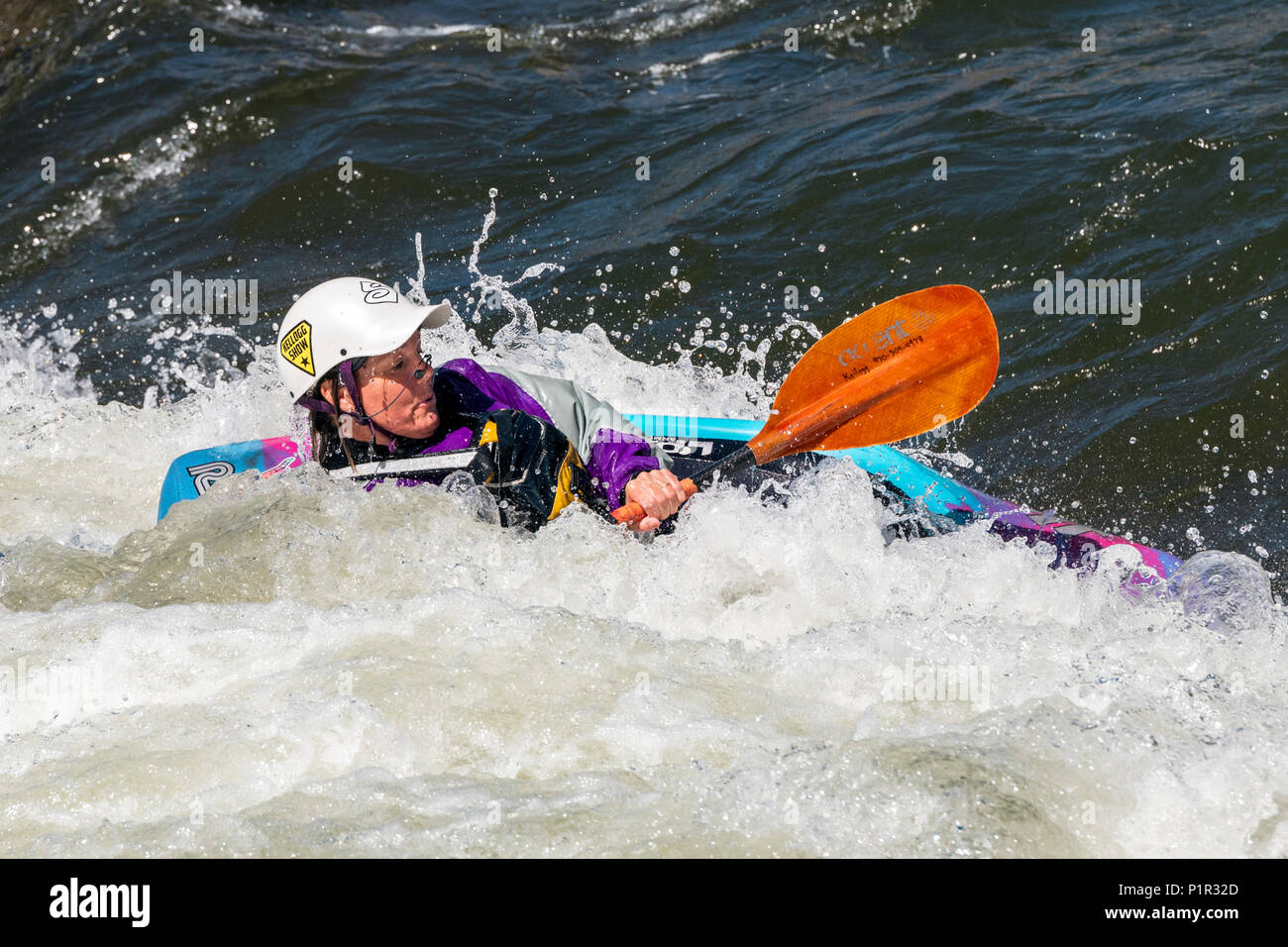 Female whitewater kayaker, Arkansas River, Salida, Colorado, USA Stock ...