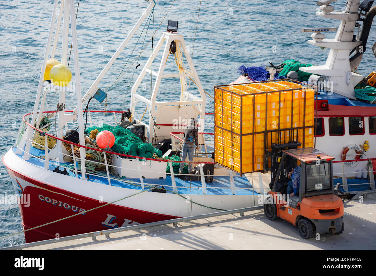 Forklift nets fishermen loading containers on to fishing boat po hi-res ...