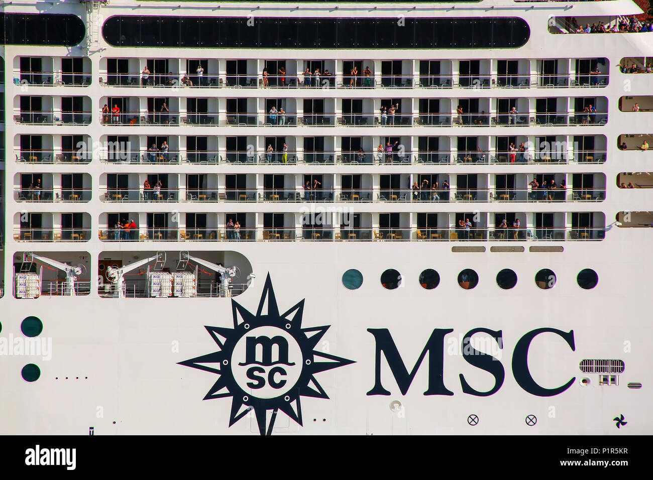Detail of MSC cruise ship moving through San Marco canal in Venice ...
