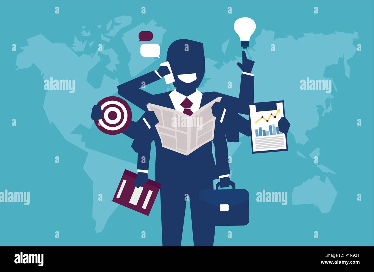 Vector illustration of businessman with plenty of hands managing to ...
