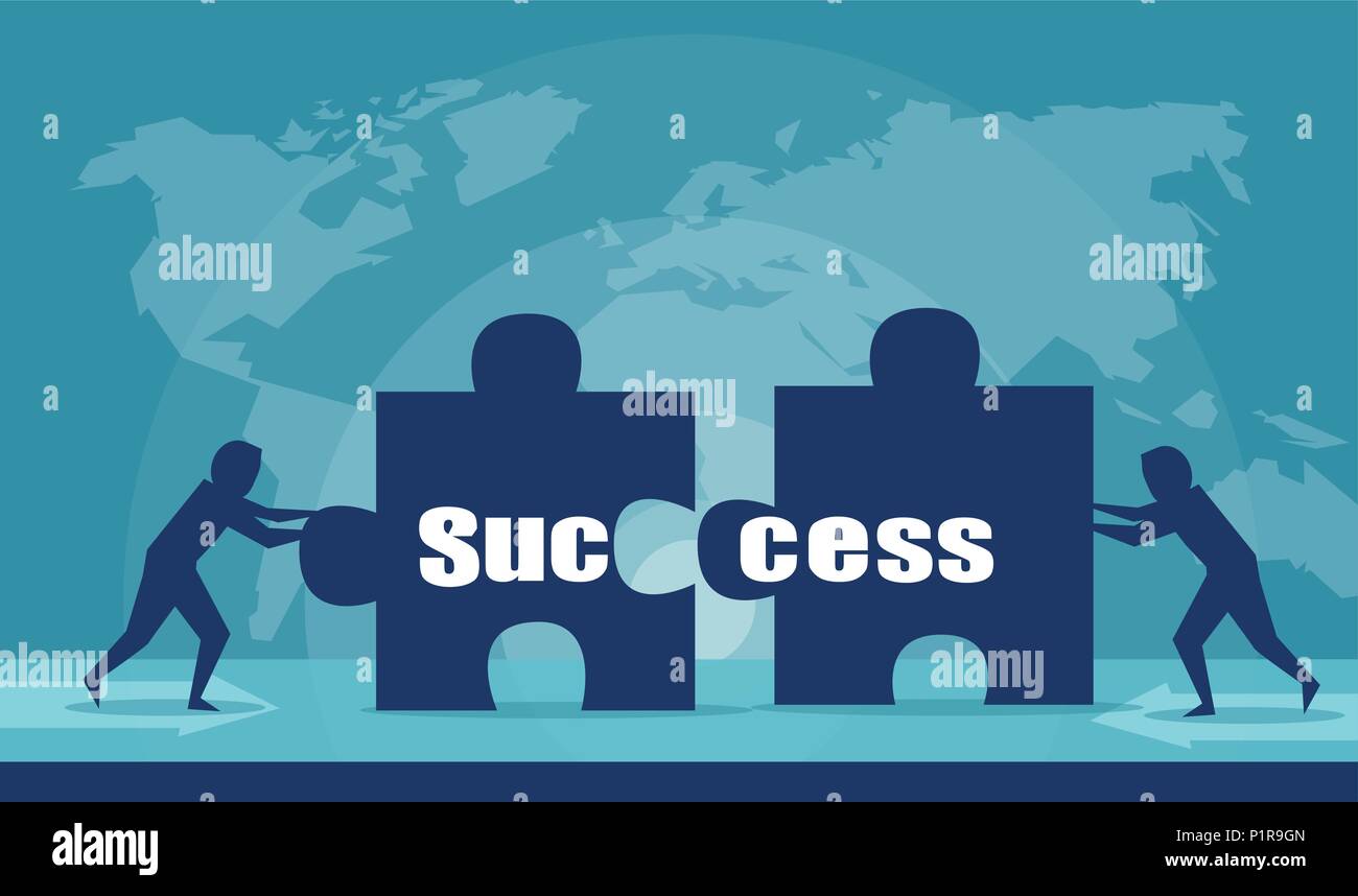 Vector illustration of businessmen assembling puzzle with word Success together working in team ...