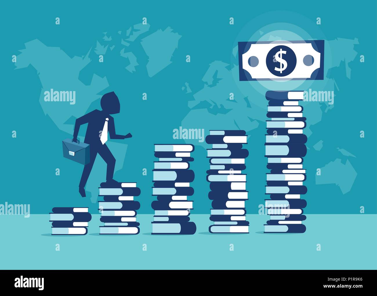 Vector picture of businessman climbing steps of books in desire to gain ...