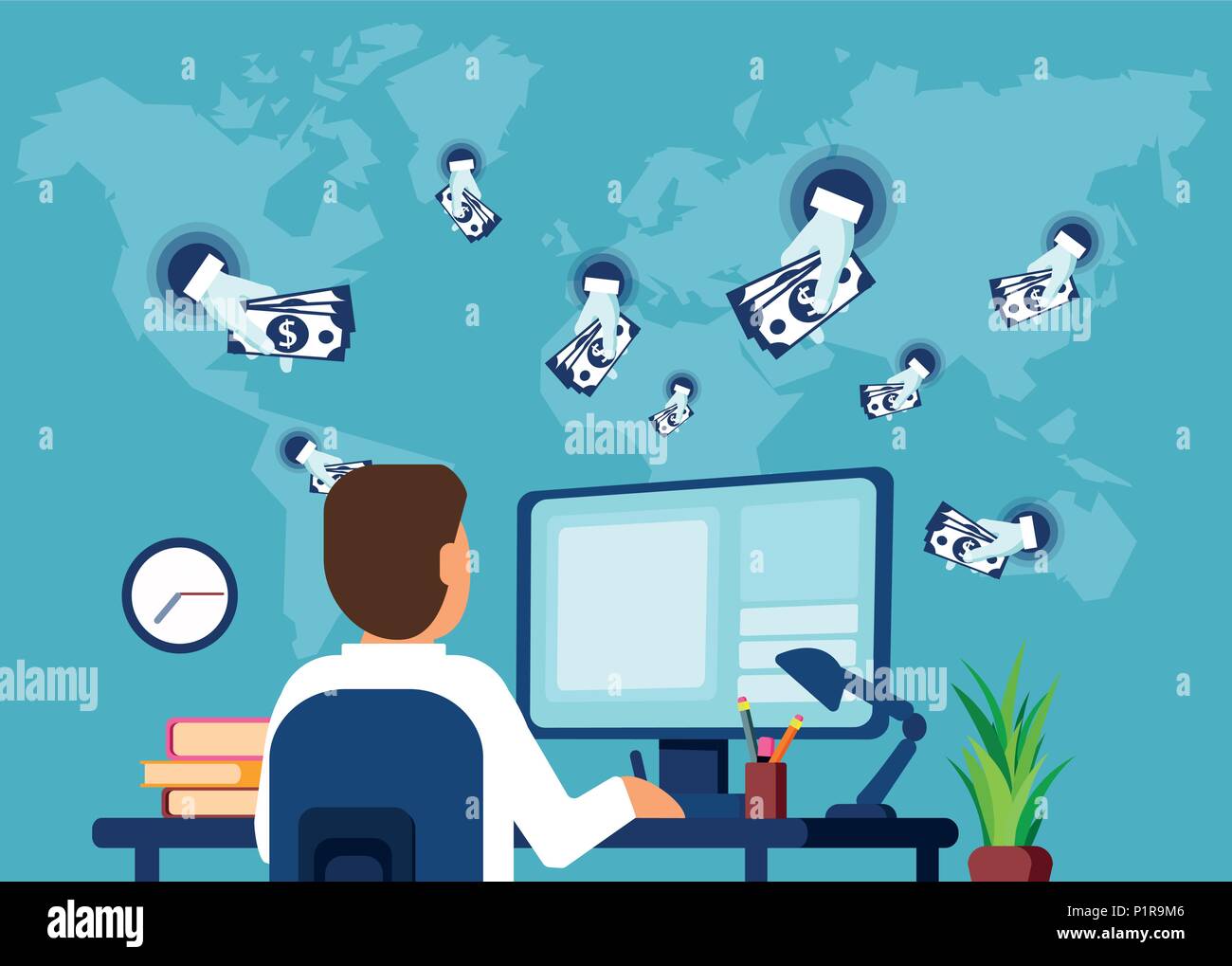 Vector illustration of man working with computer having contracts for ...