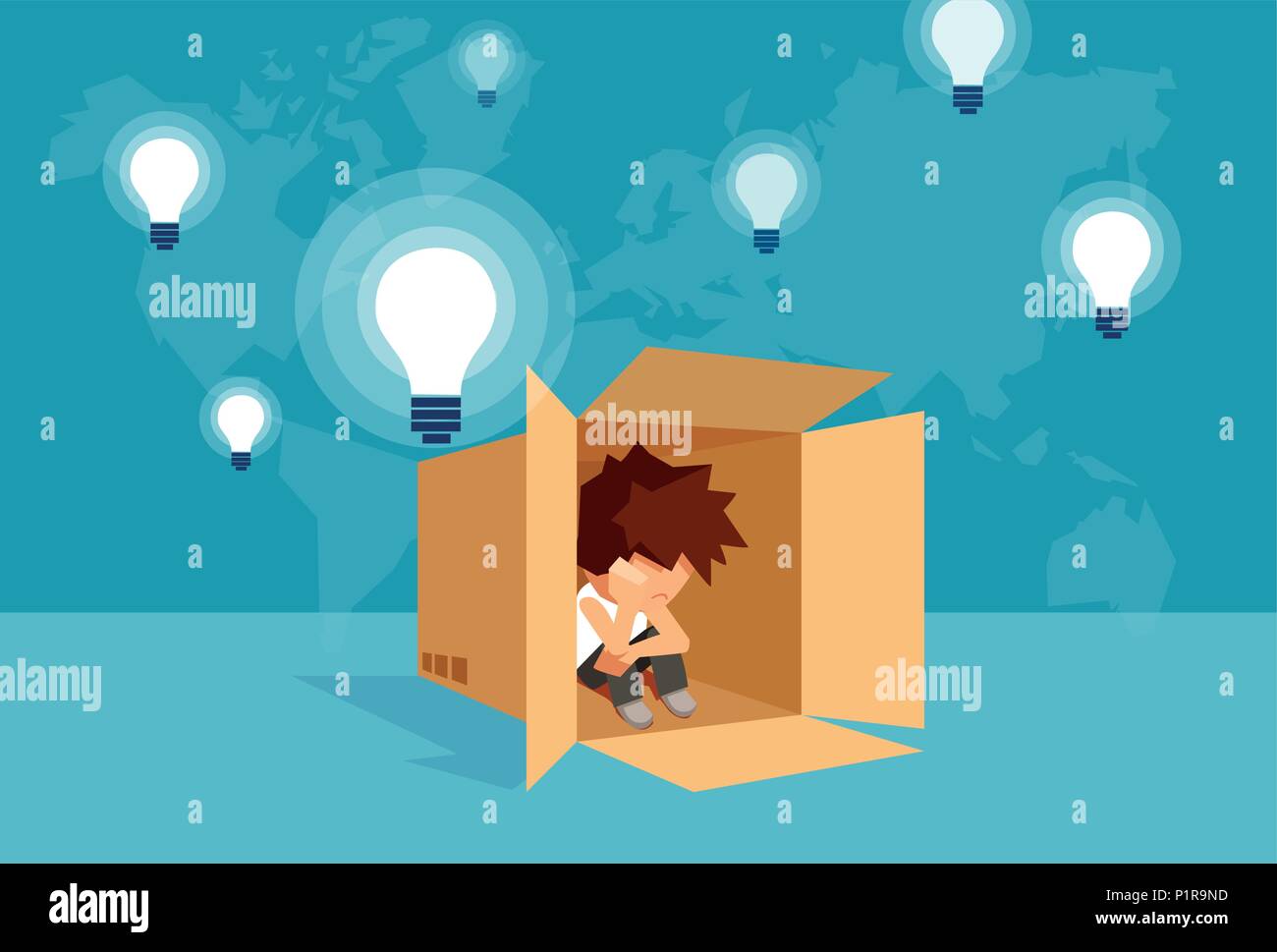 Concept vector illustration of kid sitting alone in box and thinking on ...