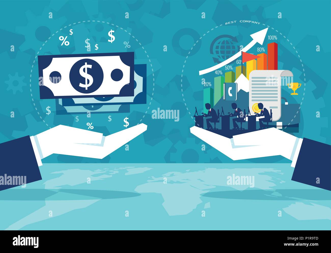 Flat design of crop hands showing increasing chart and money income in ...