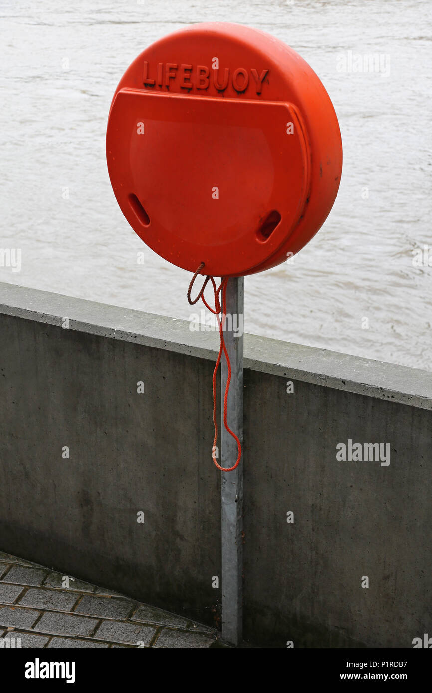 Lifebuoy Life Saver in Orange Box by the River Stock Photo - Alamy