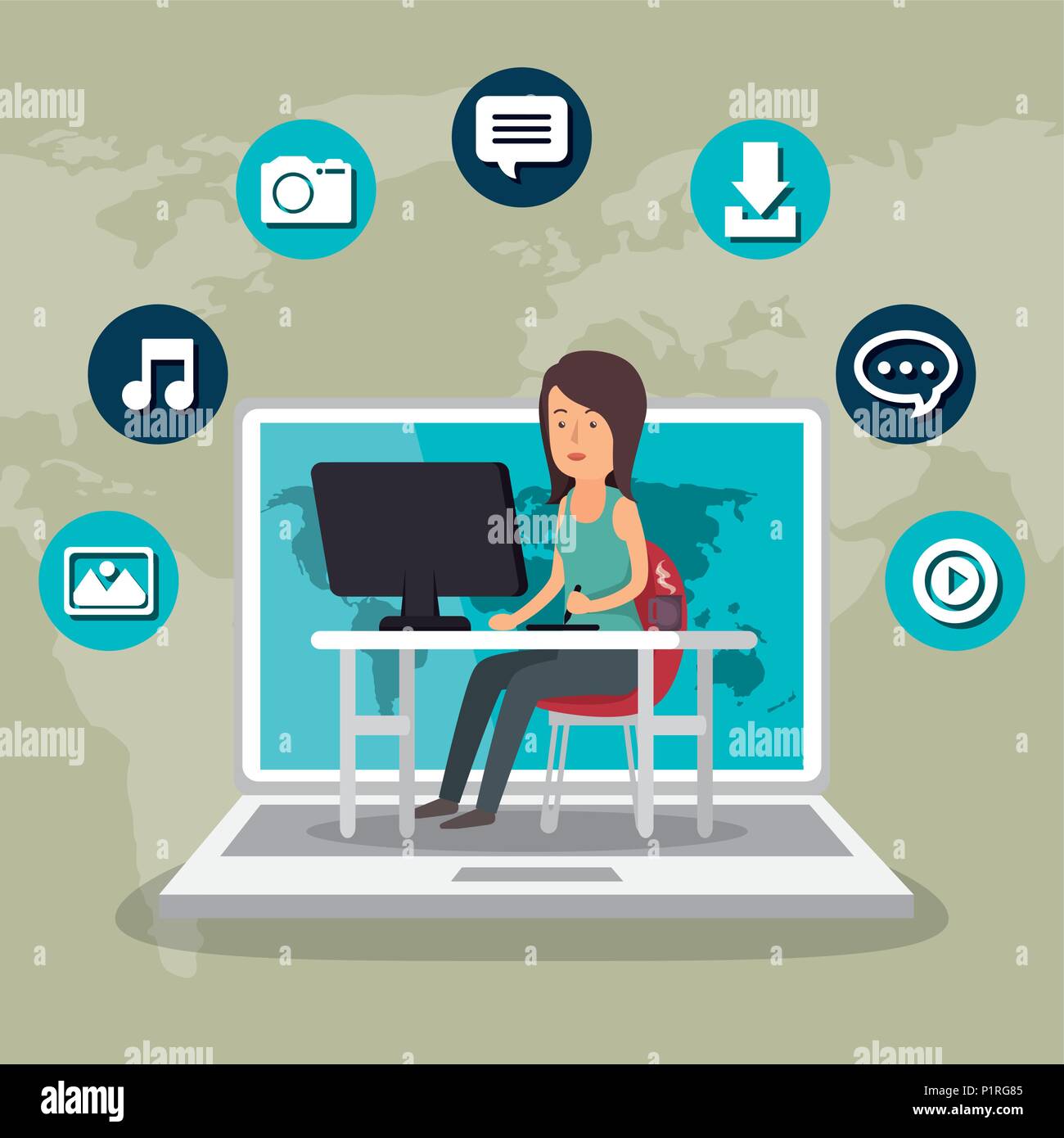 woman working with social media icon vector illustration design Stock ...