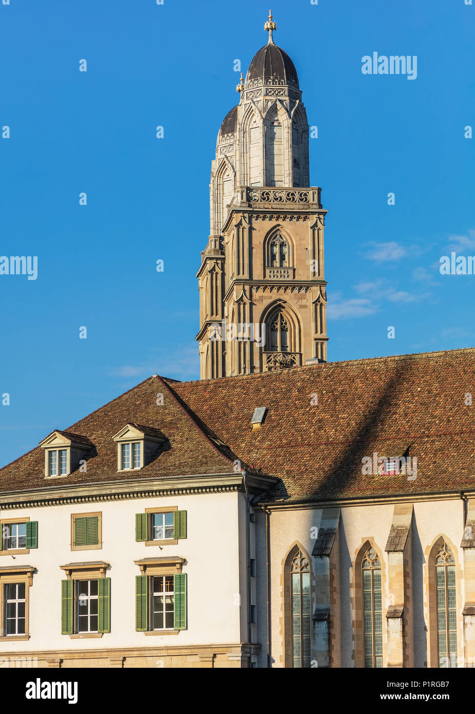 Towers of the Grossmunster cathedral and a part of the facade of the ...