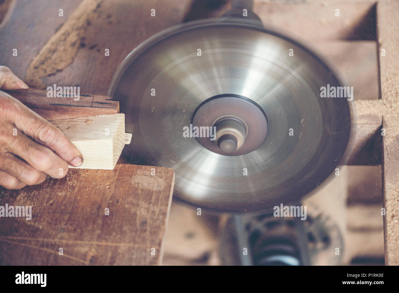 Background image of woodworking workshop: carpenters work table with ...