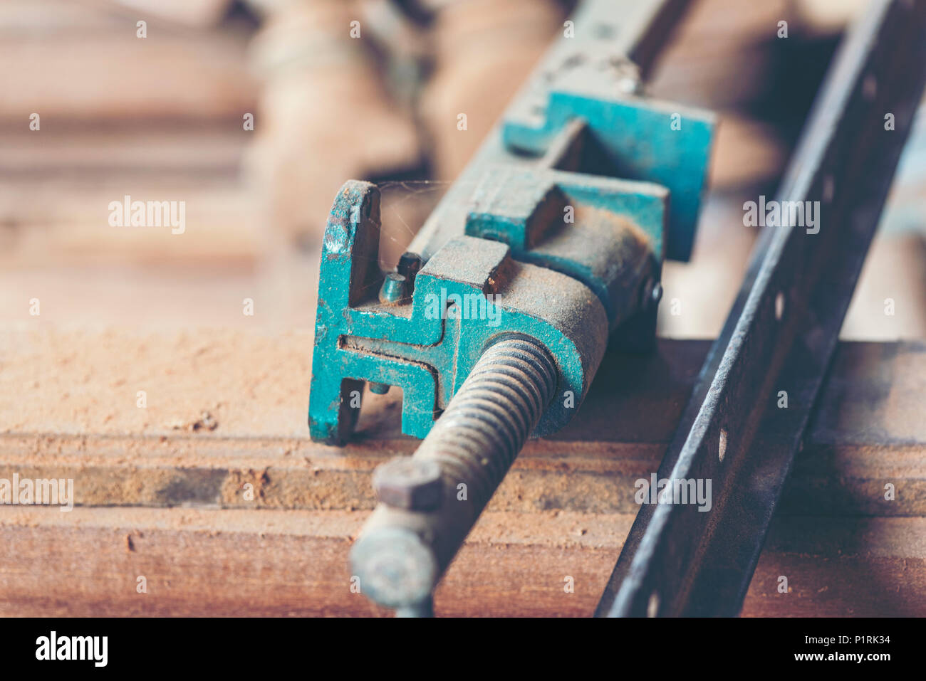 Background image of woodworking workshop: carpenters work table with ...