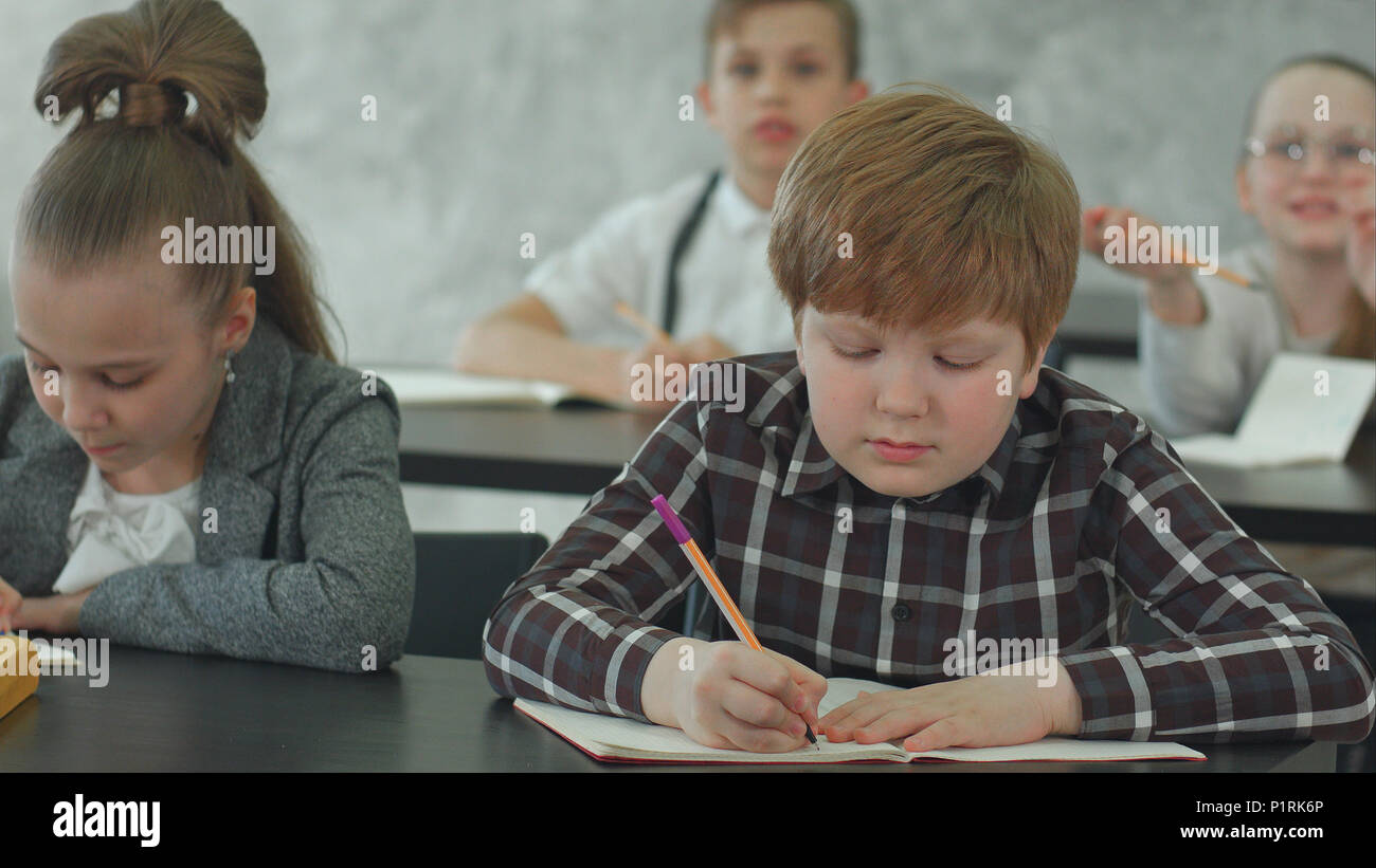 Pupils writing down information in exercise books dusring lesson Stock ...