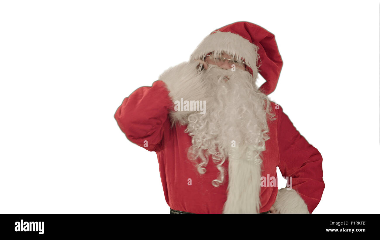 Santa talking on his cellphone with a surprised look on his face. on ...