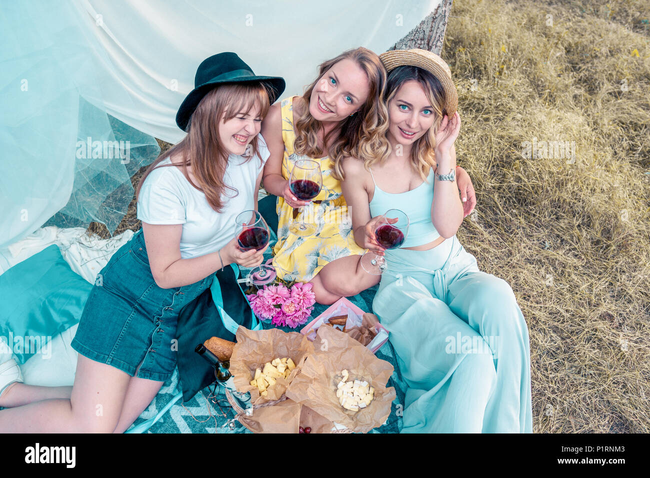 Group of girls friends making picnic outdoor. They have fun Stock Photo ...
