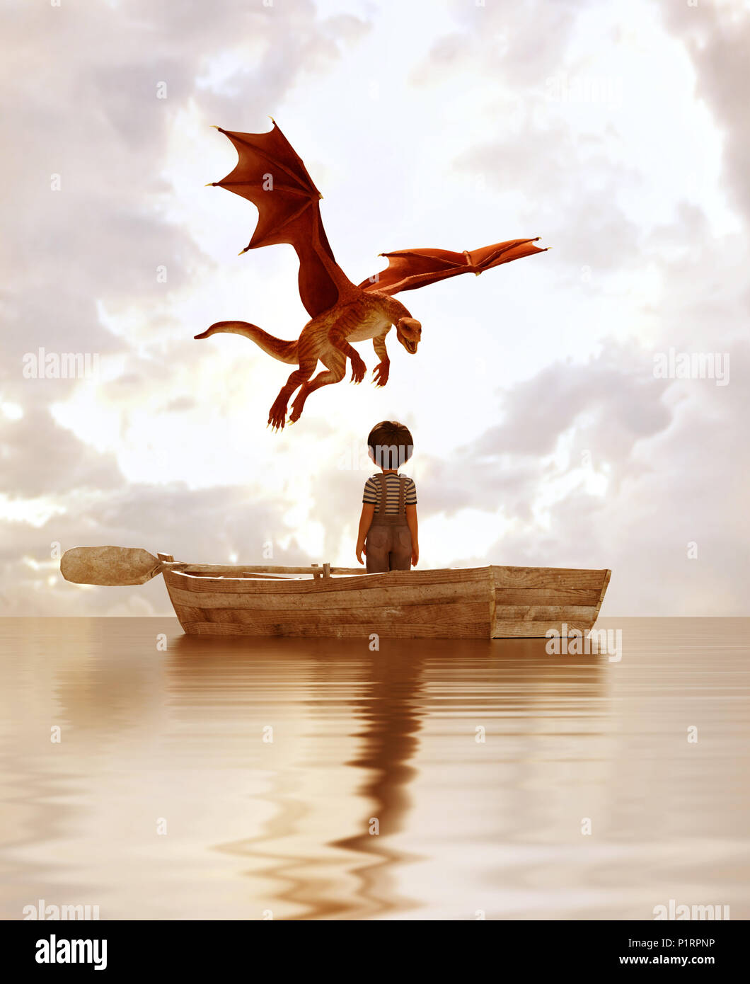 boy standing on an old wooden rowboat in the sea looking at the dragon ...