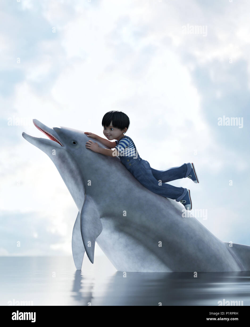 boy riding on a dolphin,3d illustration Stock Photo - Alamy