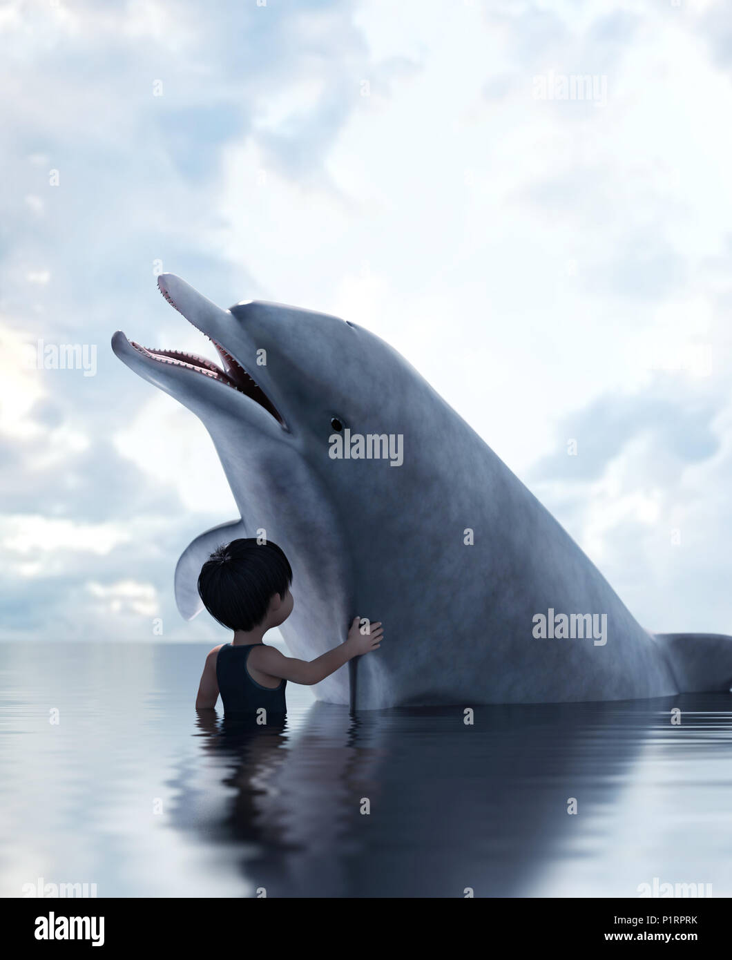 boy with a dolphin,3d illustration Stock Photo - Alamy